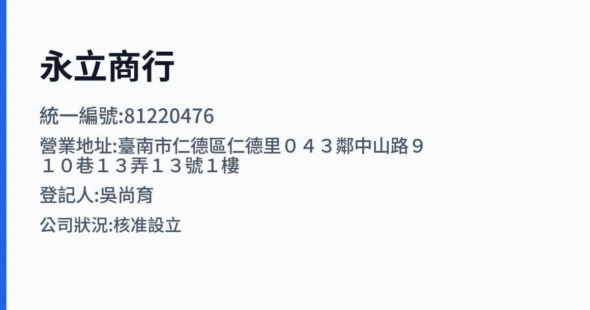 永立商行 - 統編 81220476(臺南市) 公司登記資料與營業項目詳細圖表