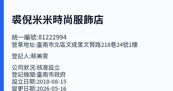 裘倪米米時尚服飾店的照片-統編 81222994(臺南市) 公司登記資料與營業項目詳細圖表