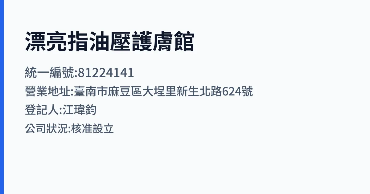 漂亮指油壓護膚館 - 統編 81224141(臺南市) 公司登記資料與營業項目詳細圖表