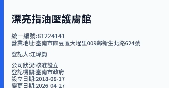漂亮指油壓護膚館的照片-統編 81224141(臺南市) 公司登記資料與營業項目詳細圖表