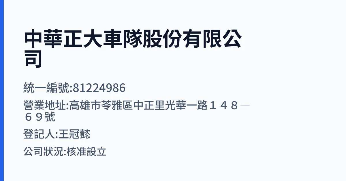 中華正大車隊股份有限公司 - 統編 81224986(高雄市) 公司登記資料與營業項目詳細圖表