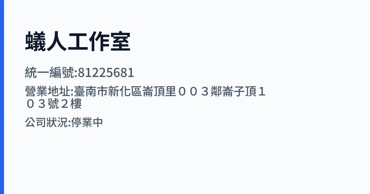 蟻人工作室 - 統編 81225681(臺南市) 公司登記資料與營業項目詳細圖表