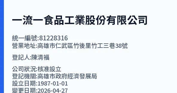 一流一食品工業股份有限公司的照片-統編 81228316(高雄市) 公司登記資料與營業項目詳細圖表
