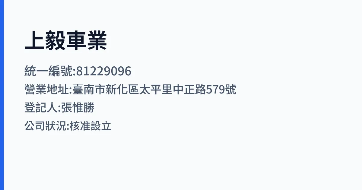 上毅車業 - 統編 81229096(臺南市) 公司登記資料與營業項目詳細圖表