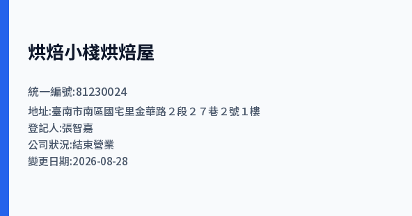 烘焙小棧烘焙屋的照片-統編 81230024(臺南市) 公司登記資料與營業項目詳細圖表