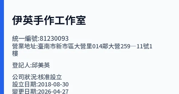 伊英手作工作室的照片-統編 81230093(臺南市) 公司登記資料與營業項目詳細圖表
