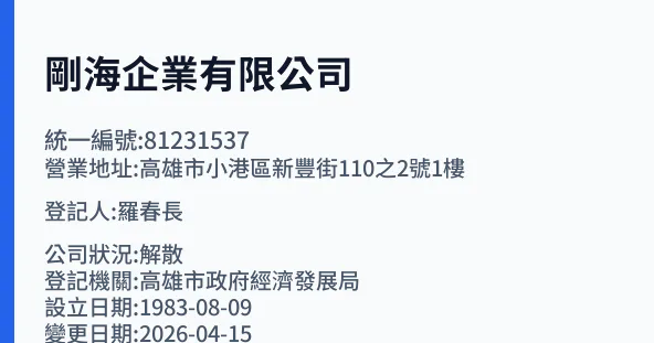 剛海企業有限公司的照片-統編 81231537(高雄市) 公司登記資料與營業項目詳細圖表