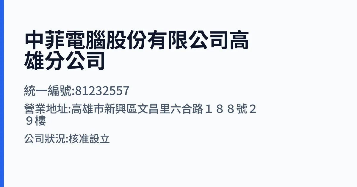 中菲電腦股份有限公司高雄分公司 - 統編 81232557(高雄市) 公司登記資料與營業項目詳細圖表
