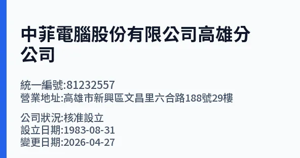 中菲電腦股份有限公司高雄分公司的照片-統編 81232557(高雄市) 公司登記資料與營業項目詳細圖表