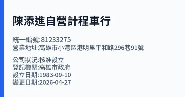 陳添進自營計程車行的照片-統編 81233275(高雄市) 公司登記資料與營業項目詳細圖表