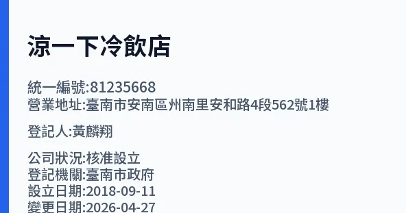 涼一下冷飲店的照片-統編 81235668(臺南市) 公司登記資料與營業項目詳細圖表