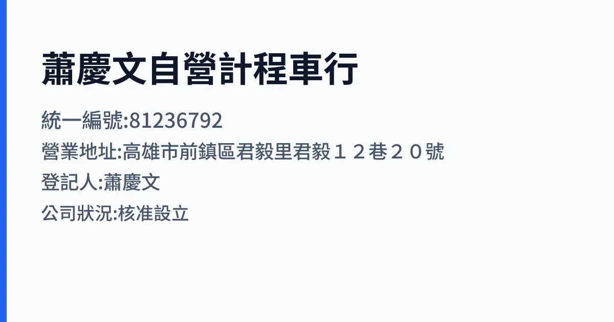 蕭慶文自營計程車行 - 統編 81236792(高雄市) 公司登記資料與營業項目詳細圖表