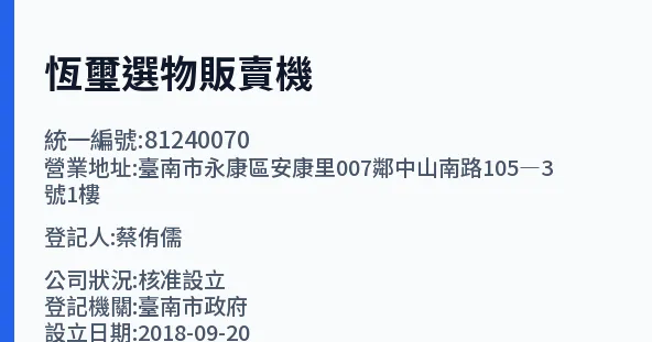 恆璽選物販賣機的照片-統編 81240070(臺南市) 公司登記資料與營業項目詳細圖表
