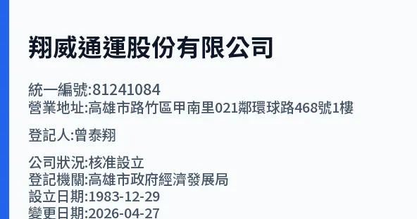 翔威通運股份有限公司的照片-統編 81241084(高雄市) 公司登記資料與營業項目詳細圖表