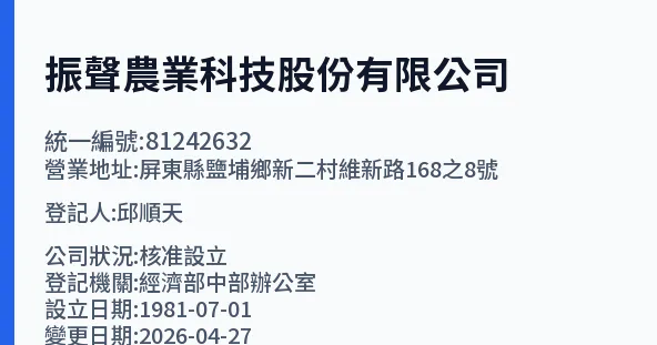 振聲農業科技股份有限公司的照片-統編 81242632(屏東縣) 公司登記資料與營業項目詳細圖表