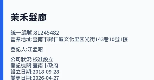 茉禾髮廊的照片-統編 81245482(臺南市) 公司登記資料與營業項目詳細圖表