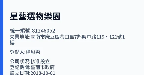 星藝選物樂園的照片-統編 81246052(臺南市) 公司登記資料與營業項目詳細圖表