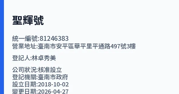 聖輝號的照片-統編 81246383(臺南市) 公司登記資料與營業項目詳細圖表