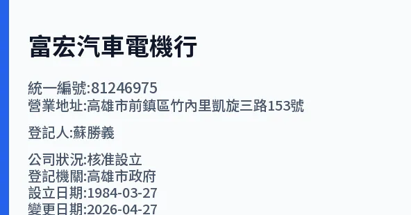 富宏汽車電機行的照片-統編 81246975(高雄市) 公司登記資料與營業項目詳細圖表