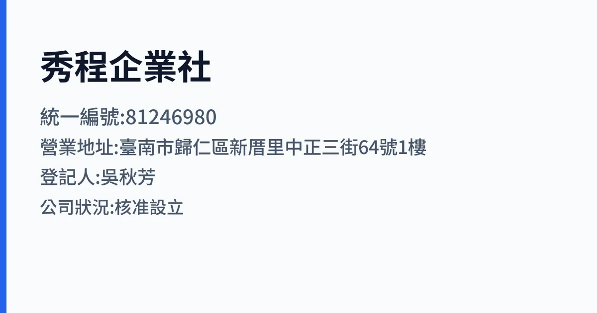 秀程企業社 - 統編 81246980(臺南市) 公司登記資料與營業項目詳細圖表