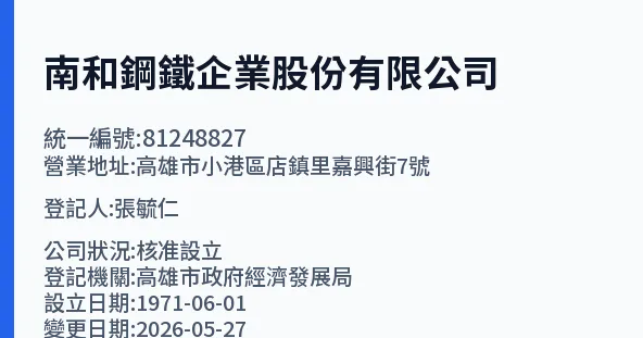 南和鋼鐵企業股份有限公司的照片-統編 81248827(高雄市) 公司登記資料與營業項目詳細圖表