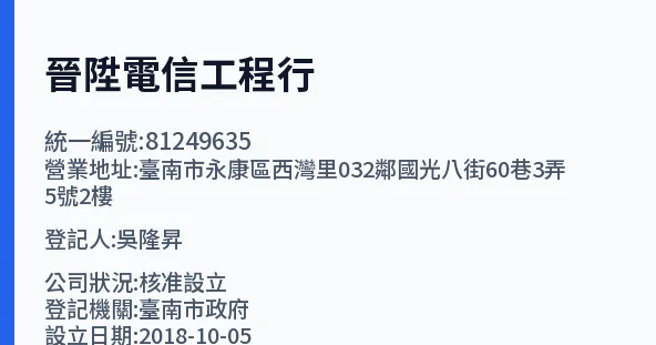 晉陞電信工程行的照片-統編 81249635(臺南市) 公司登記資料與營業項目詳細圖表