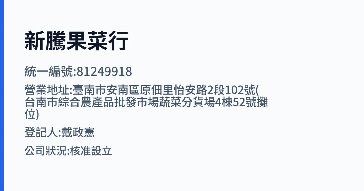 新騰果菜行 - 統編 81249918(臺南市) 公司登記資料與營業項目詳細圖表