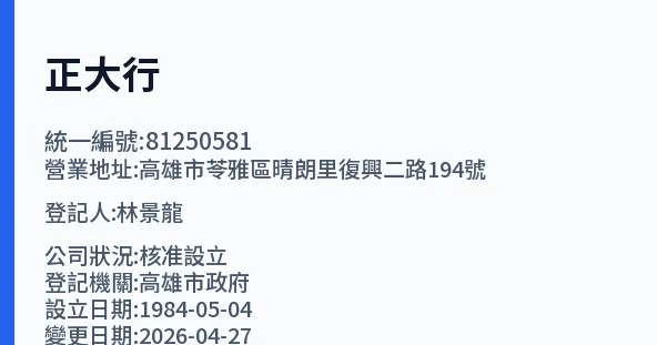 正大行的照片-統編 81250581(高雄市) 公司登記資料與營業項目詳細圖表