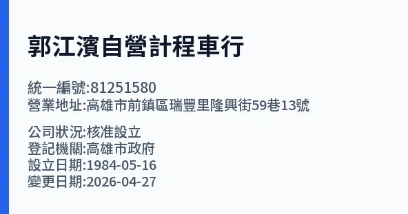 郭江濱自營計程車行的照片-統編 81251580(高雄市) 公司登記資料與營業項目詳細圖表
