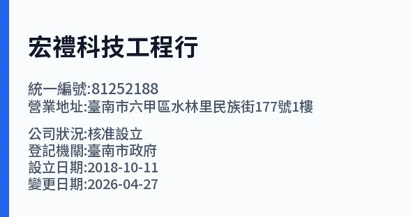宏禮科技工程行的照片-統編 81252188(臺南市) 公司登記資料與營業項目詳細圖表