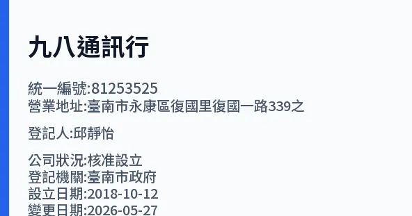 九八通訊行的照片-統編 81253525(臺南市) 公司登記資料與營業項目詳細圖表