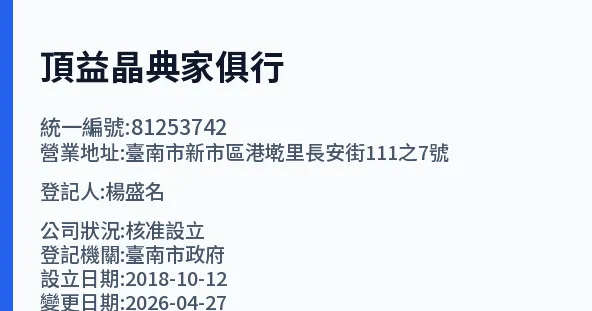 頂益晶典家俱行的照片-統編 81253742(臺南市) 公司登記資料與營業項目詳細圖表