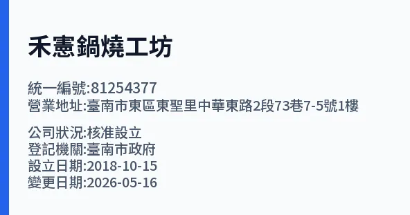 禾憲鍋燒工坊的照片-統編 81254377(臺南市) 公司登記資料與營業項目詳細圖表