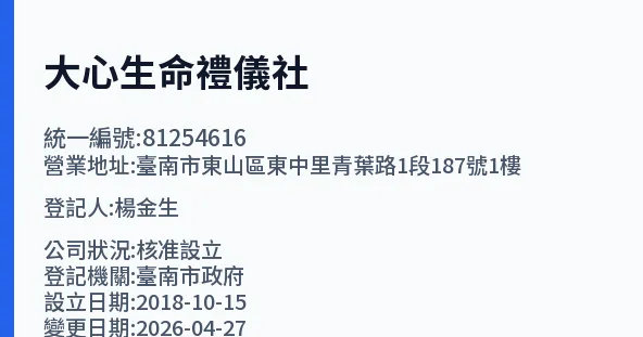 大心生命禮儀社的照片-統編 81254616(臺南市) 公司登記資料與營業項目詳細圖表