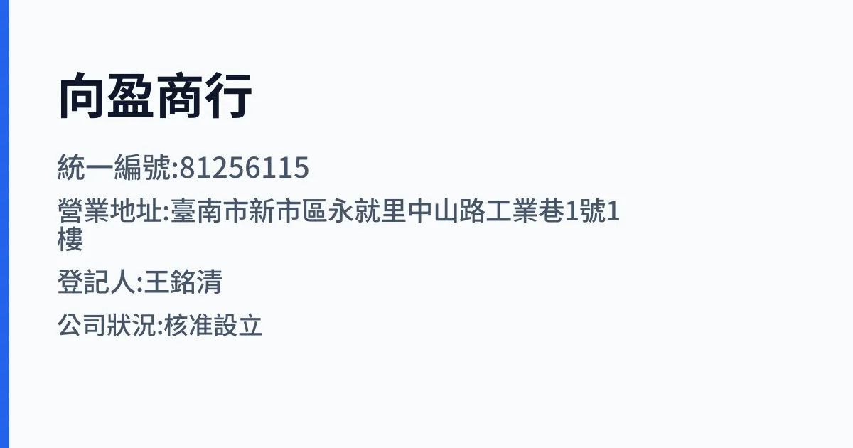 向盈商行 - 統編 81256115(臺南市) 公司登記資料與營業項目詳細圖表