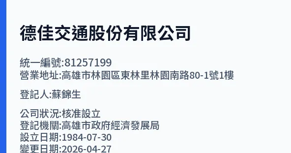 德佳交通股份有限公司的照片-統編 81257199(高雄市) 公司登記資料與營業項目詳細圖表