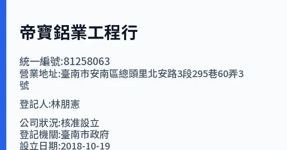 帝寶鋁業工程行的照片-統編 81258063(臺南市) 公司登記資料與營業項目詳細圖表
