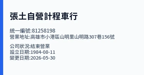 張土自營計程車行的照片-統編 81258198(高雄市) 公司登記資料與營業項目詳細圖表