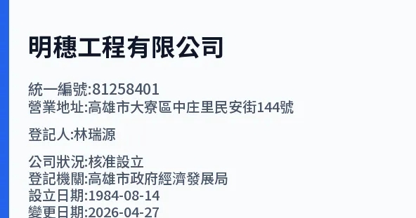 明穗工程有限公司的照片-統編 81258401(高雄市) 公司登記資料與營業項目詳細圖表
