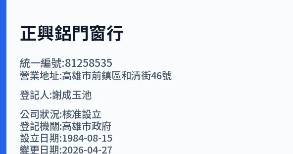 正興鋁門窗行的照片-統編 81258535(高雄市) 公司登記資料與營業項目詳細圖表