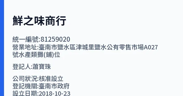鮮之味商行的照片-統編 81259020(臺南市) 公司登記資料與營業項目詳細圖表