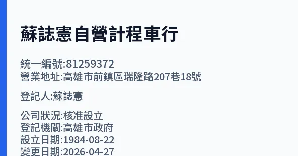 蘇誌憲自營計程車行的照片-統編 81259372(高雄市) 公司登記資料與營業項目詳細圖表