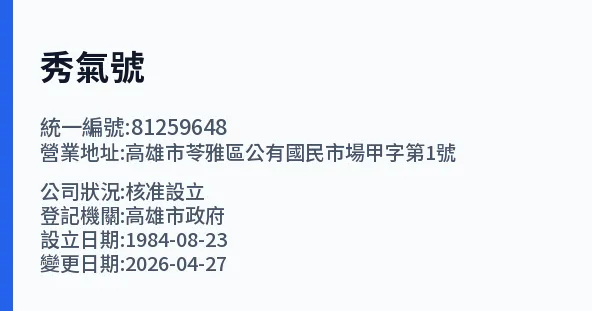 秀氣號的照片-統編 81259648(高雄市) 公司登記資料與營業項目詳細圖表