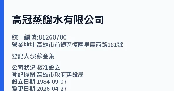 高冠蒸餾水有限公司的照片-統編 81260700(高雄市) 公司登記資料與營業項目詳細圖表