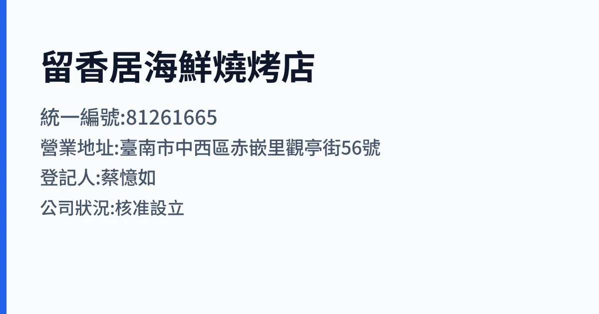 留香居海鮮燒烤店 - 統編 81261665(臺南市) 公司登記資料與營業項目詳細圖表