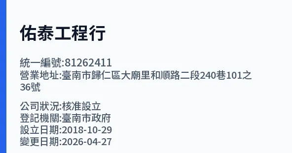 佑泰工程行的照片-統編 81262411(臺南市) 公司登記資料與營業項目詳細圖表