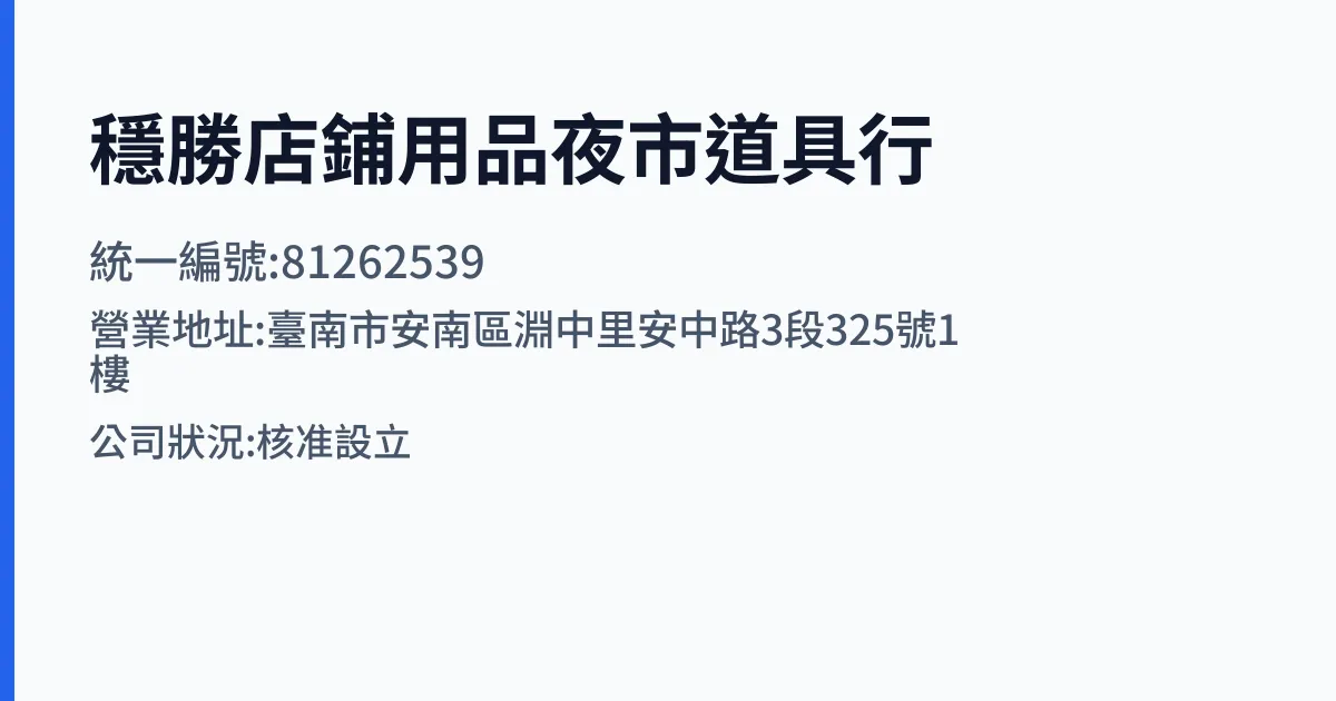 穩勝店鋪用品夜市道具行 - 統編 81262539(臺南市) 公司登記資料與營業項目詳細圖表