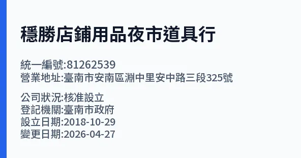 穩勝店鋪用品夜市道具行的照片-統編 81262539(臺南市) 公司登記資料與營業項目詳細圖表
