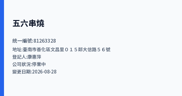 五六串燒的照片-統編 81263328(臺南市) 公司登記資料與營業項目詳細圖表