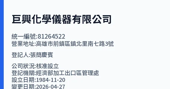 巨興化學儀器有限公司的照片-統編 81264522(高雄市) 公司登記資料與營業項目詳細圖表